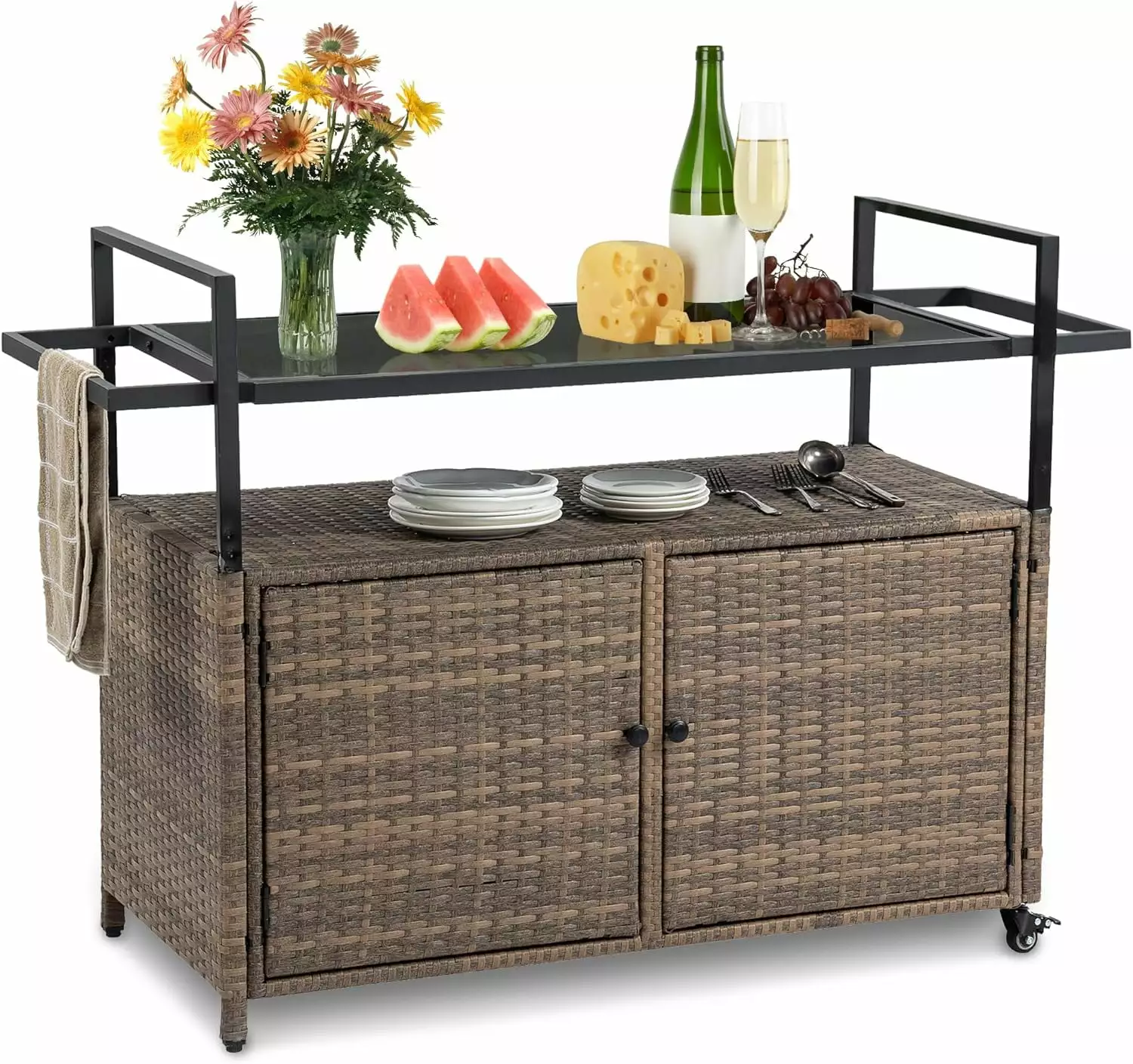 Dina Wicker Outdoor Bar Cart - Black Patio Console Storage Table Buffet ...
